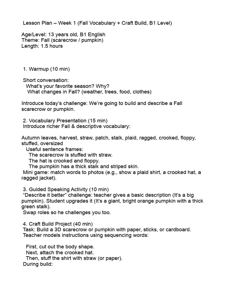 Fall Vocabulary Lesson Plan for B1 Students | PDF