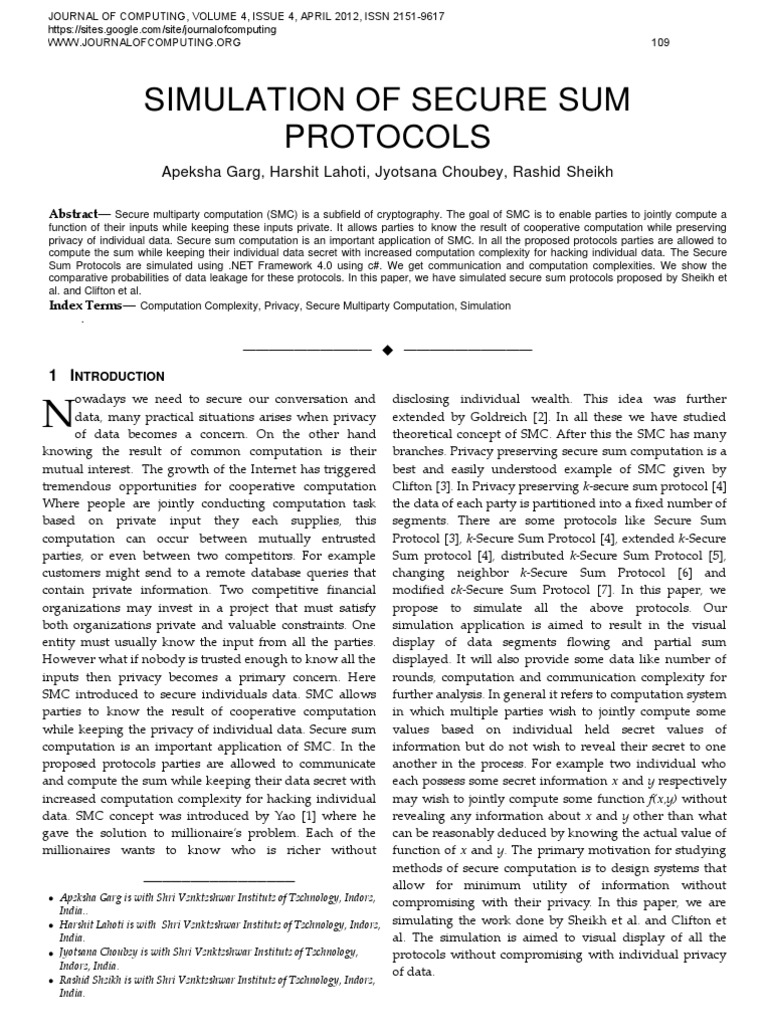 Simulation of Secure Sum Protocols | PDF | Communications Protocols | Privacy