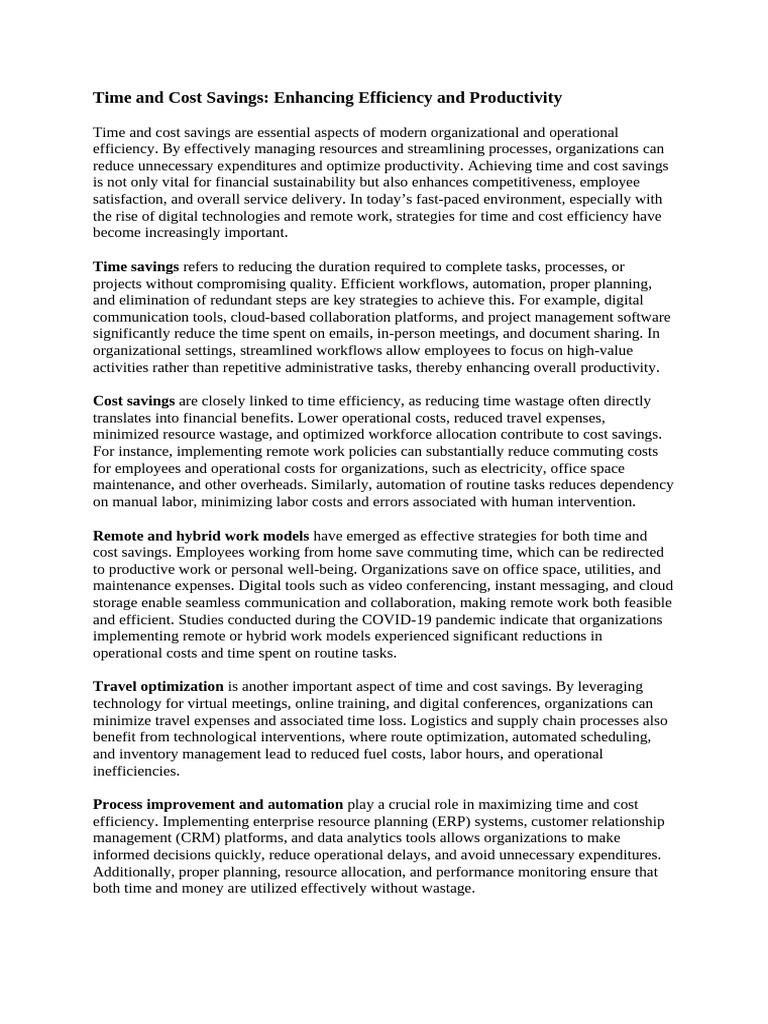 Time and Cost Savings Enhancing Efficiency and Productivity | PDF ...