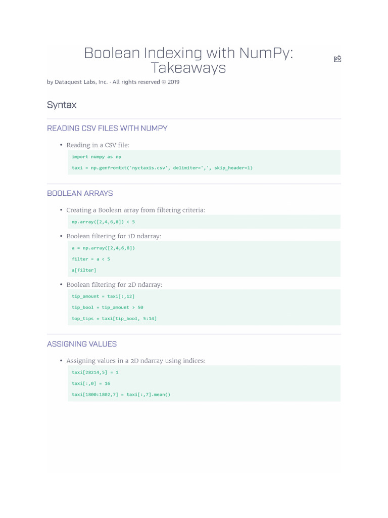 Mission 290 Boolean Indexing With Numpy Takeaways | PDF