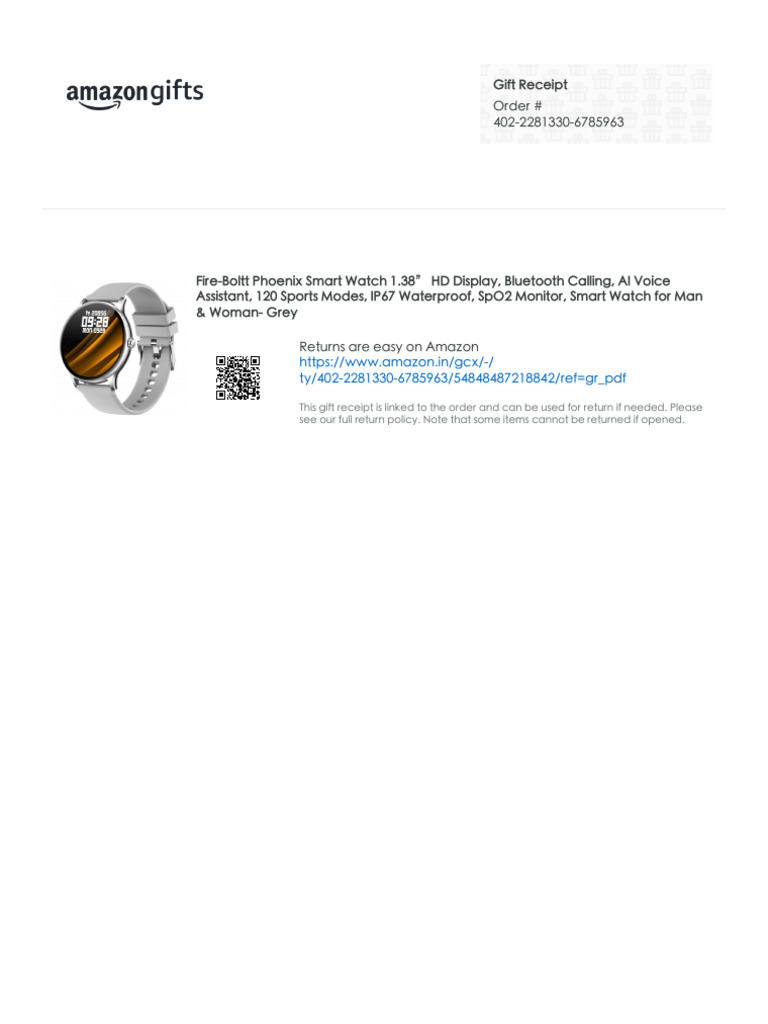 Gift Receipt for Fire-Boltt Smart Watch | PDF
