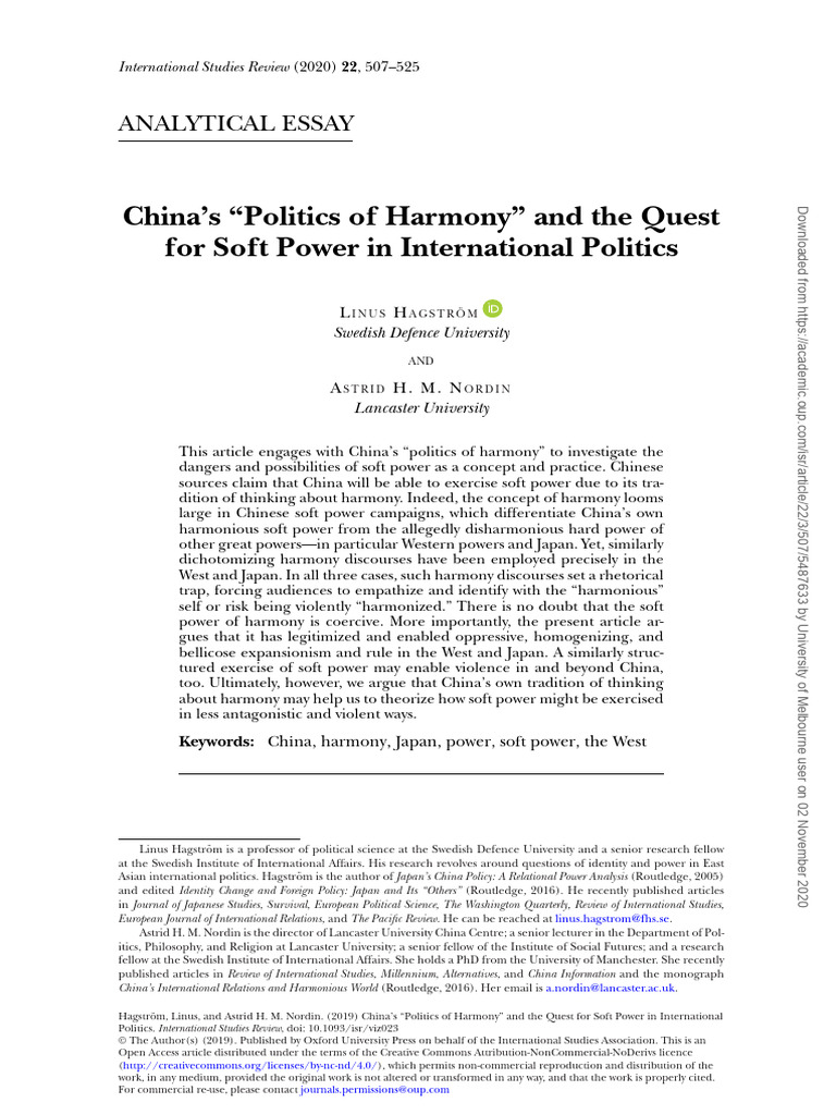 China's "Politics of Harmony" and The Quest For Soft Power in ...