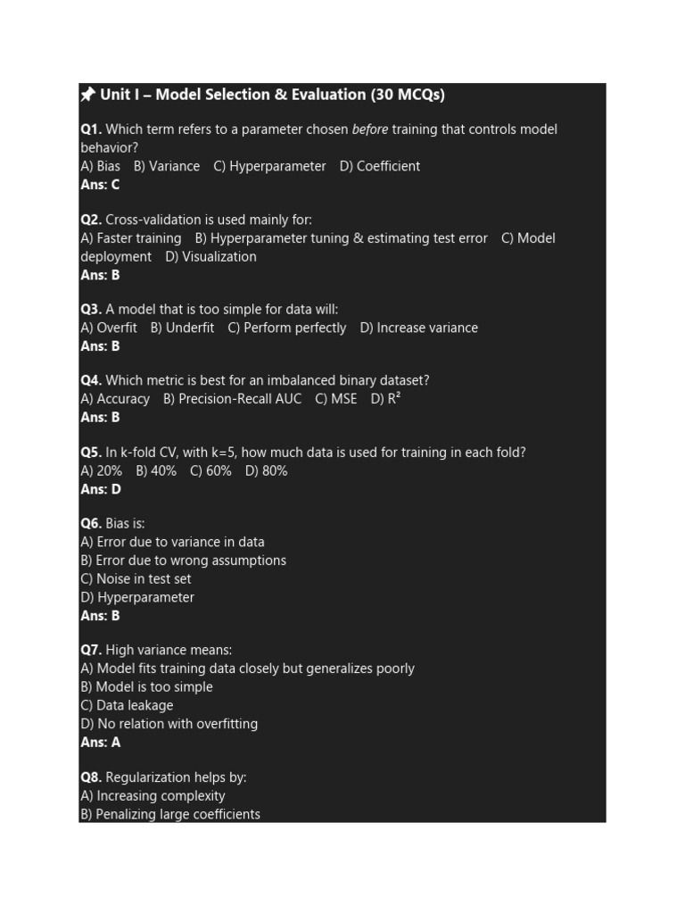 Model Selection & Evaluation MCQs Guide | PDF | Support Vector Machine ...