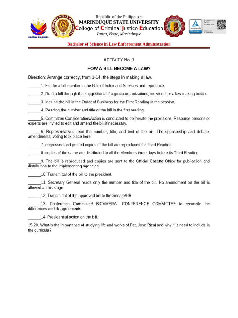 ACTIVITY No. 1 - How Does A Bill Become A Law | PDF