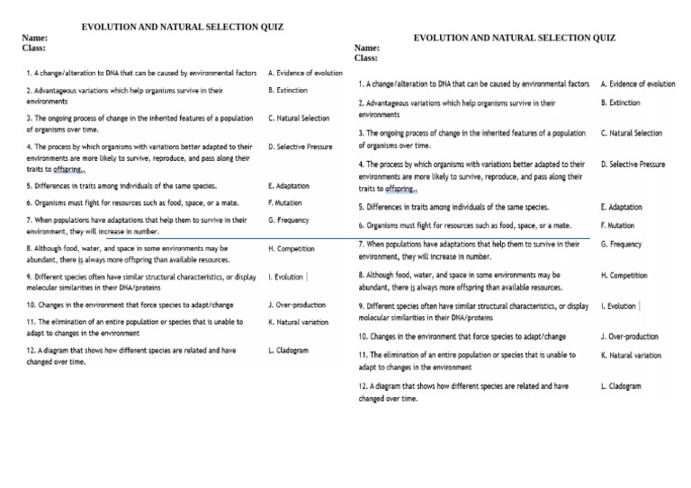 Evolution and Natural Selection Quiz | PDF