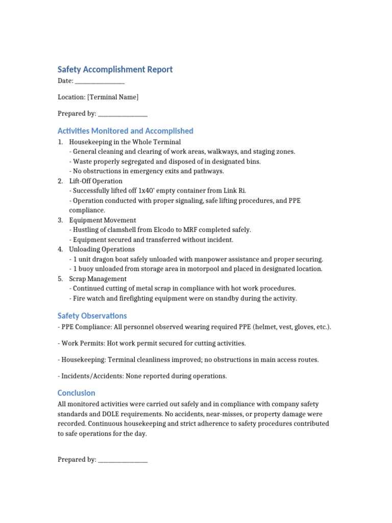 Safety Accomplishment Report Summary | PDF
