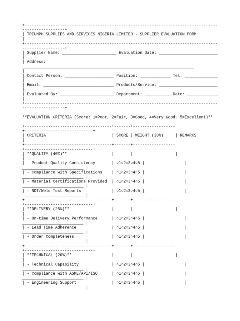 Supplier Evaluation Form Template | PDF
