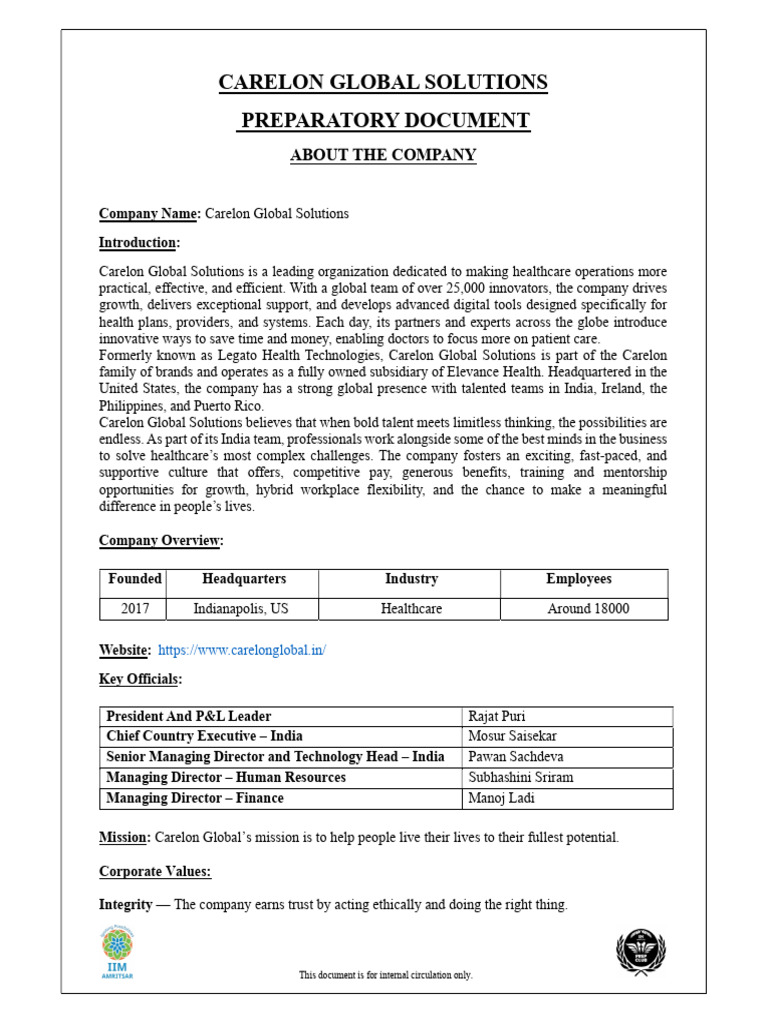 Carelon Global Solutions Preparatory Document | PDF | Analytics | Business Process