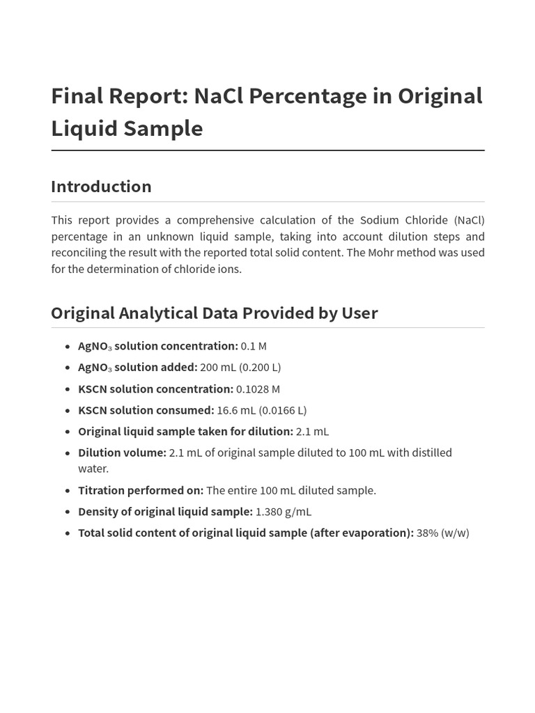 NaCl Percentage Analysis in Liquid Sample | PDF | Mass Concentration ...