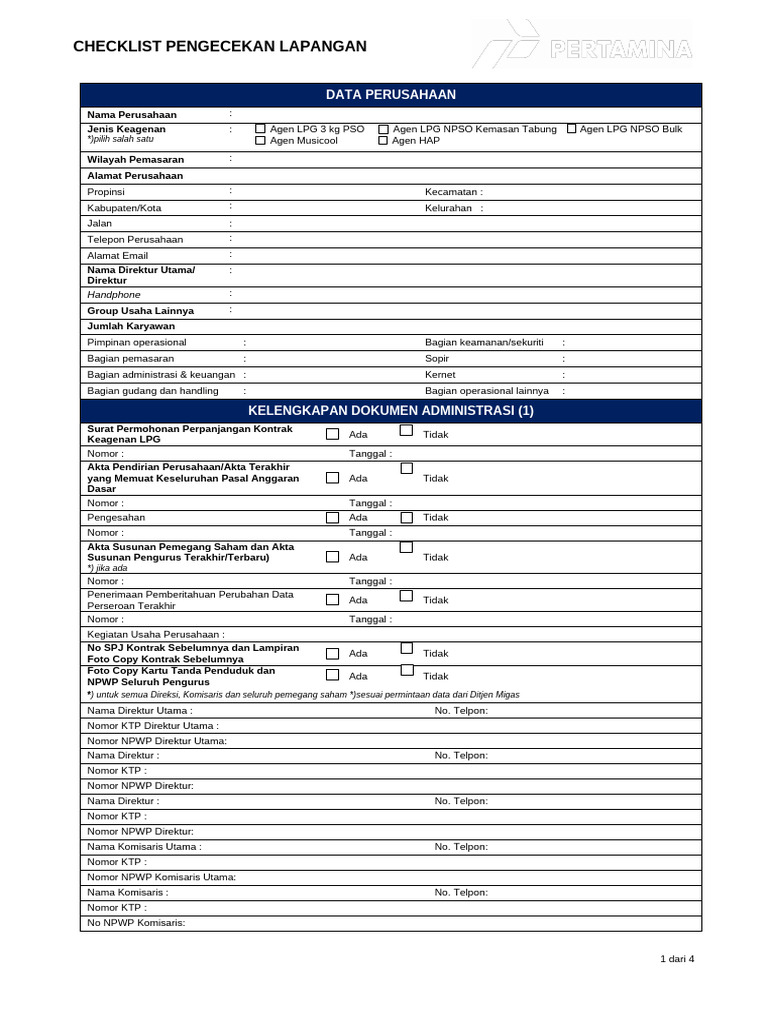 Checklist Pengecekan Lapangan Agen (Checklist SBM) PT Tawakal Murni | PDF