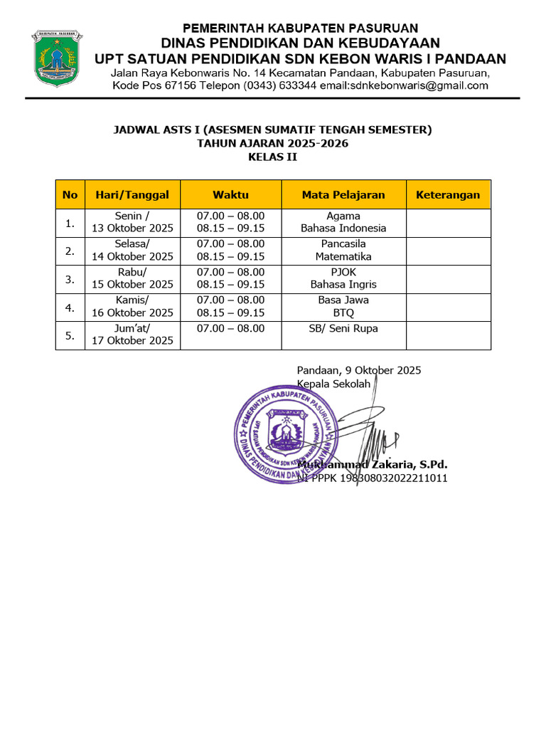 Jadwal ASTS I Kelas II 2025-2026 | PDF