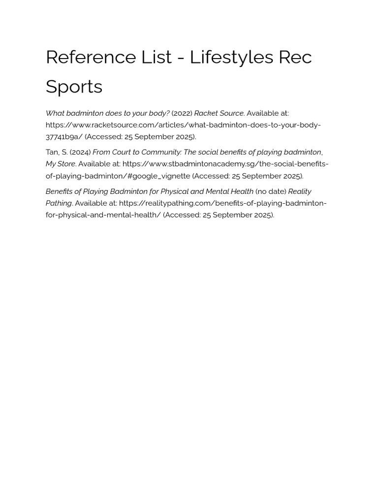 Reference List - Lifestyles Rec Sports | PDF