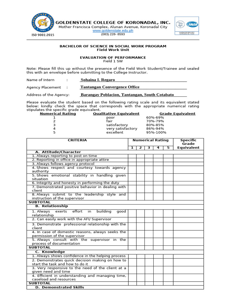 Ojt Evaluation Performance Form Field Instruction 1 | PDF | Leadership