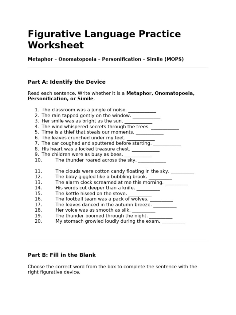 Figurative Language Practice Worksheet | PDF