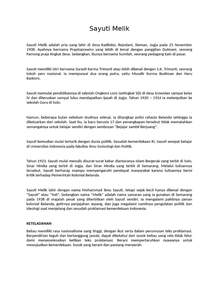 Biografi Sayuti Melik: Pejuang Kemerdekaan | PDF