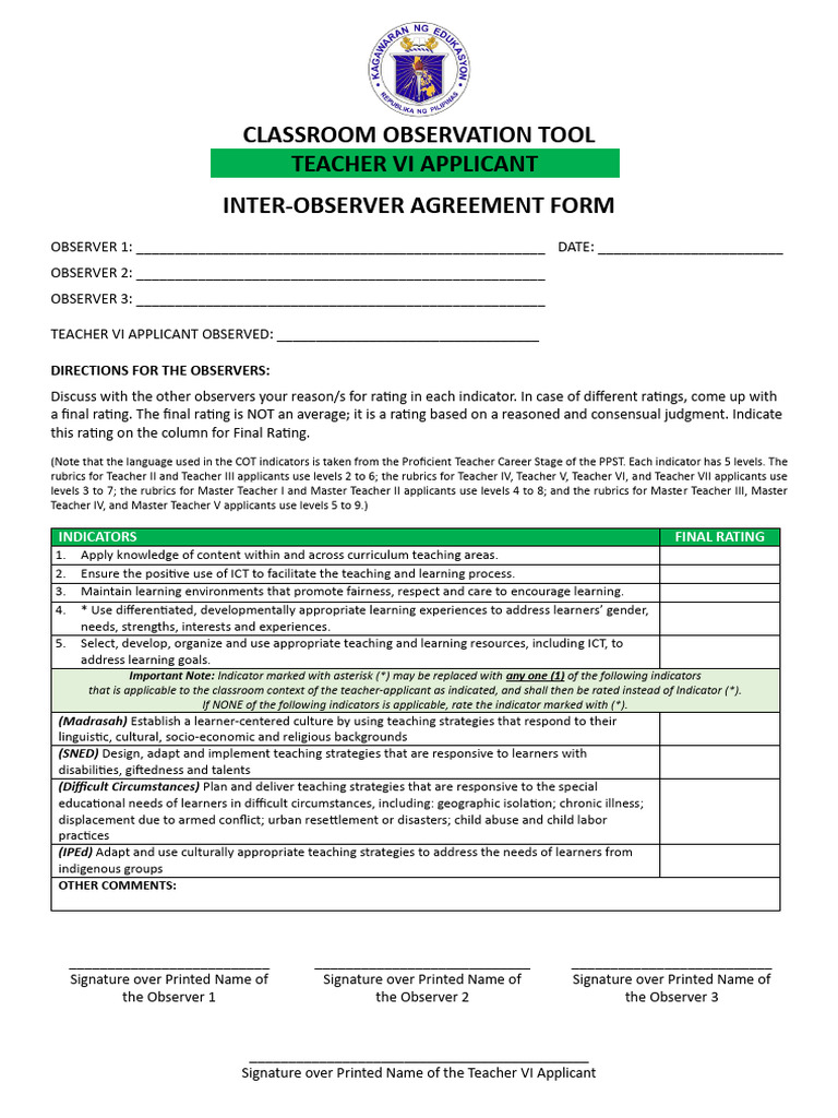 COT-Inter-Observer Agreement Form Teacher VI Applicant | PDF