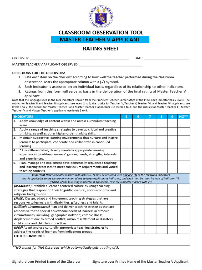 Master Teacher V Observation Rating Sheet | PDF | Learning | Teachers