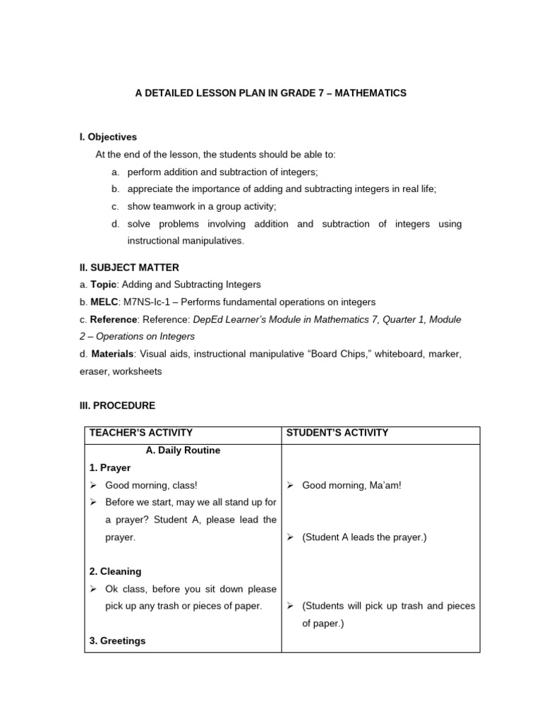 Lesson Plan Integers | PDF | Subtraction | Numbers