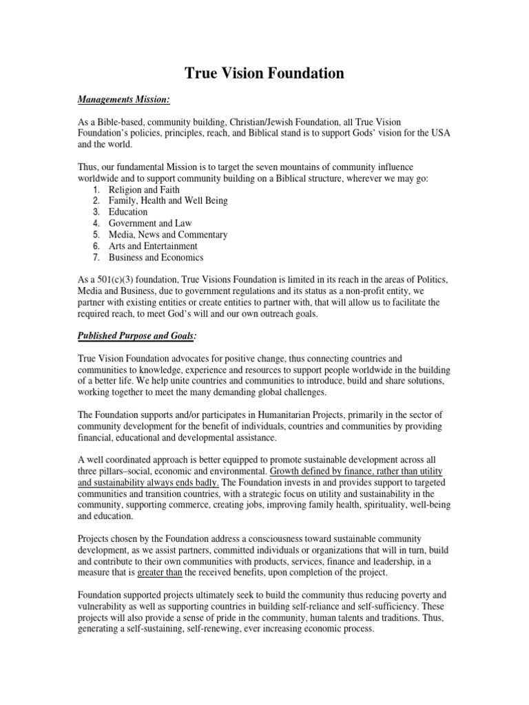 True Vision Foundation's Mission and Goals | PDF | Sustainability ...