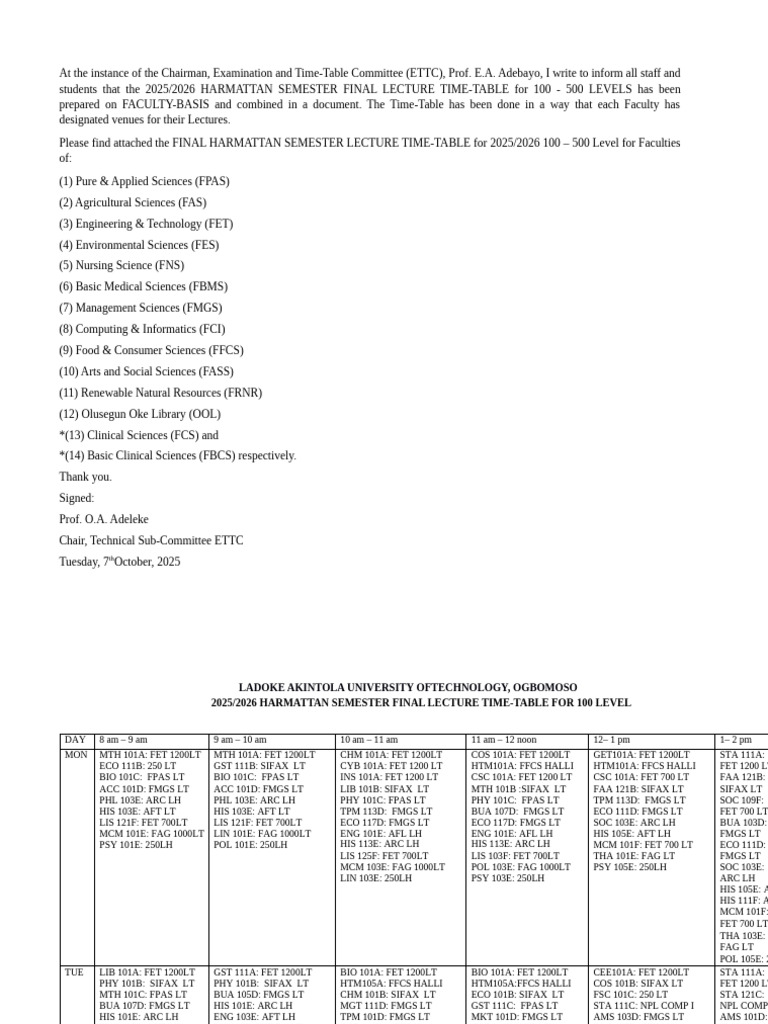 Final 100-500 Level 2025 2026 Harmattan Semester Lecture Time Table For ...