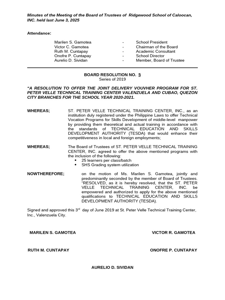 Board Resolution | PDF | Vocational Education | Career And Technical Education