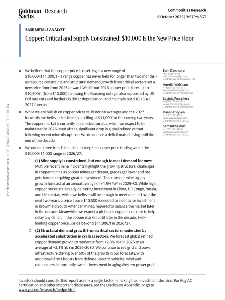 GS - Copper Critical and Supply Constrained $10,000 Is The New Price Floor | PDF | Mining | Copper