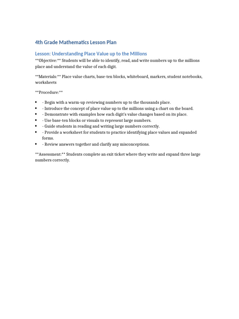 4th Grade Math Lesson Plan | PDF