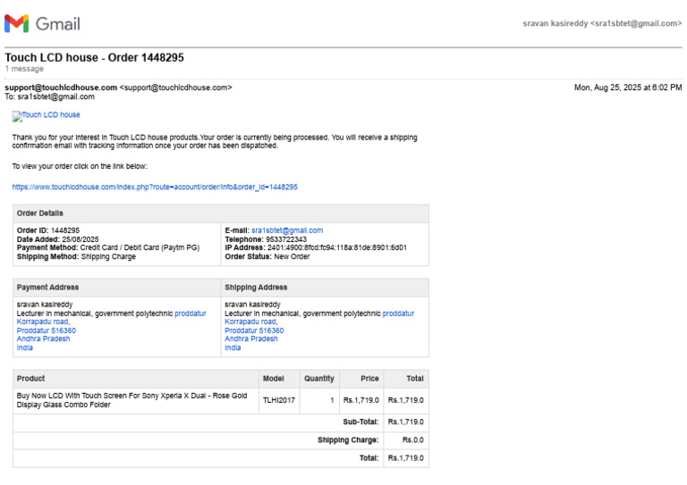 Gmail - Touch LCD House - Order 1448295 | PDF | Consumer Electronics ...