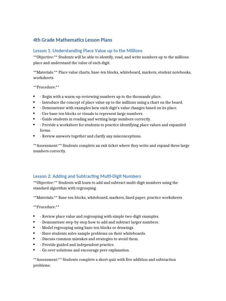 4th Grade Math Lesson Plans Overview | PDF | Lesson Plan | Line (Geometry)