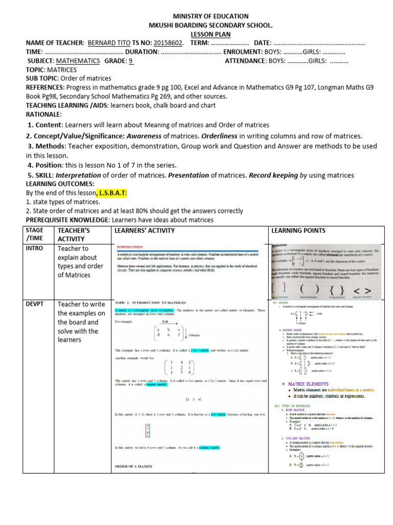 Matrices G9 Lesson Plans. | PDF | Teachers | Multiplication