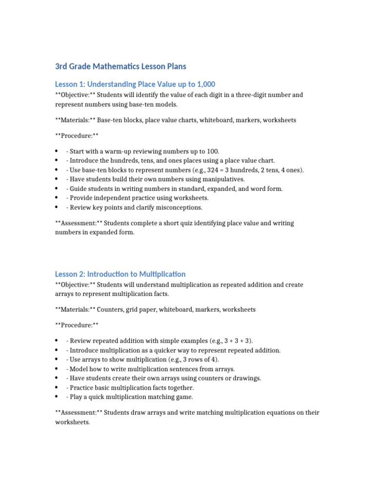 3rd Grade Math Lesson Plans Pdf Shape Mathematics