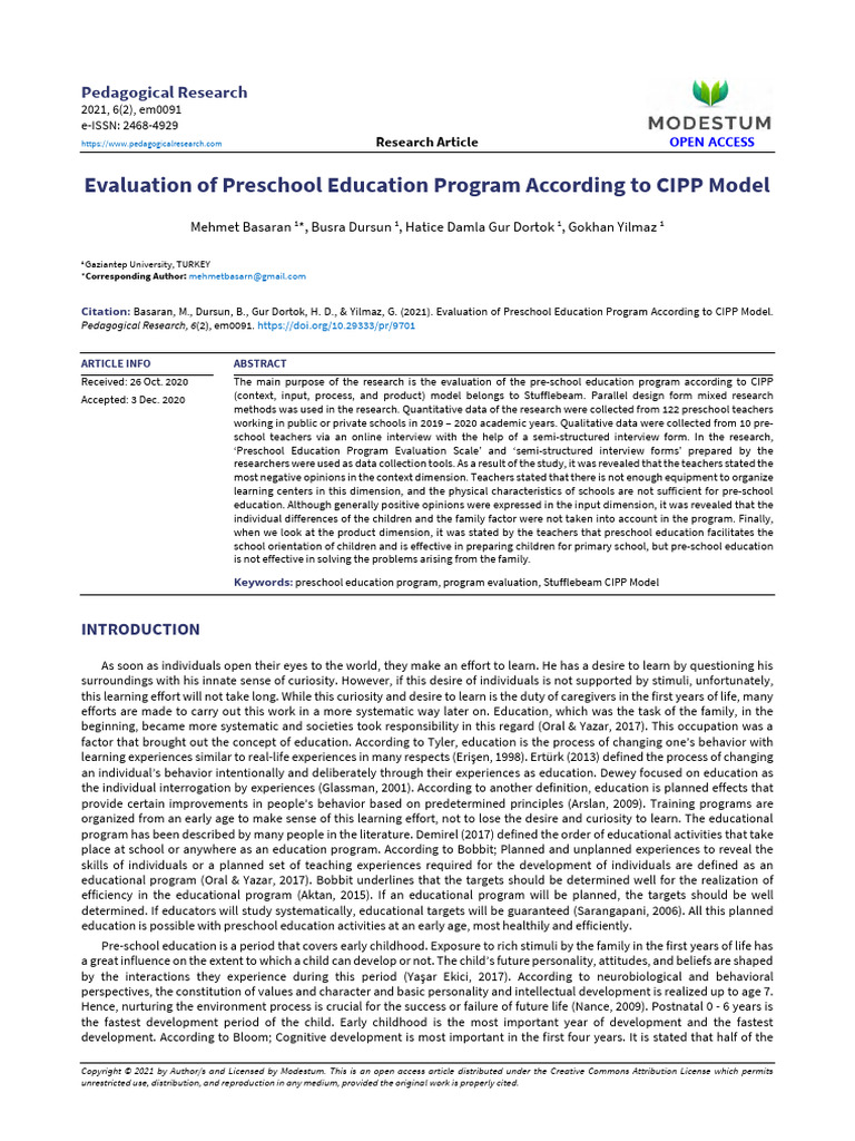 Evaluation of Preschool Education Program According To CIPP Model | PDF ...