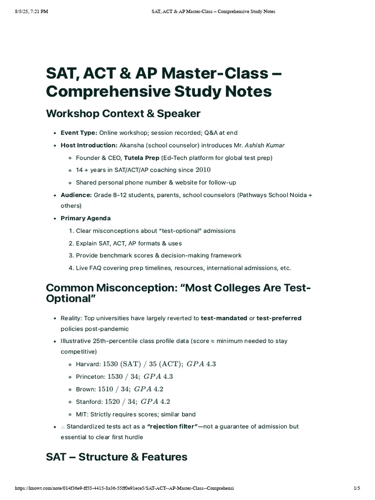 SAT, ACT & AP Master-Class - Comprehensive Study Notes | PDF | Sat ...