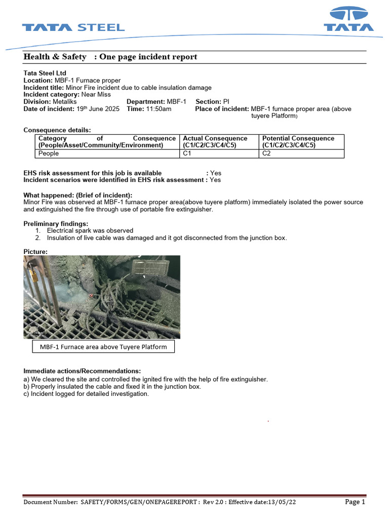 One Page Report-Minor Fire at MBF#1-19062025 | PDF