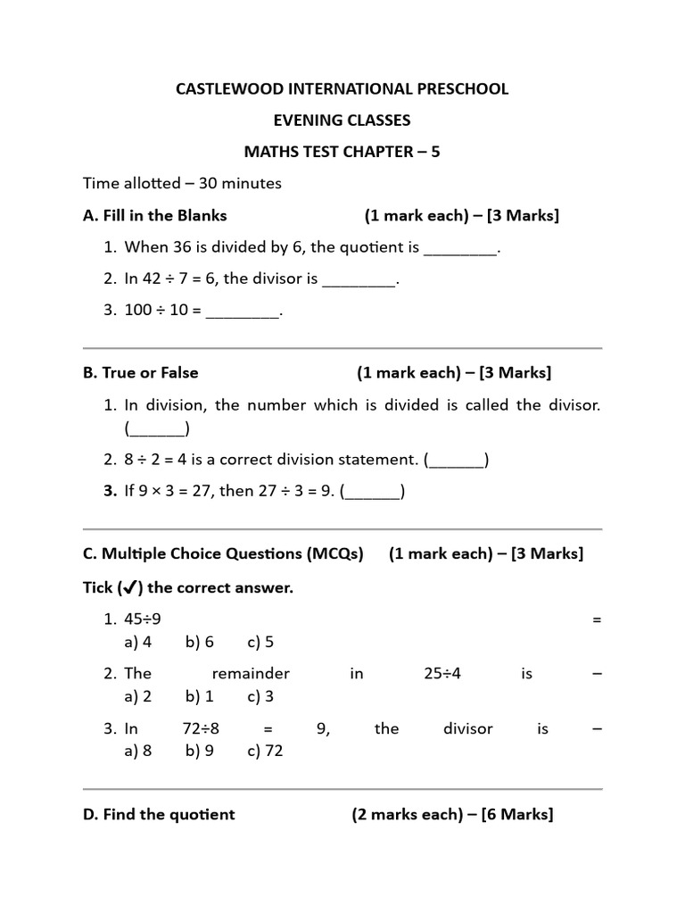 Preschool Maths Test: Division Skills | PDF