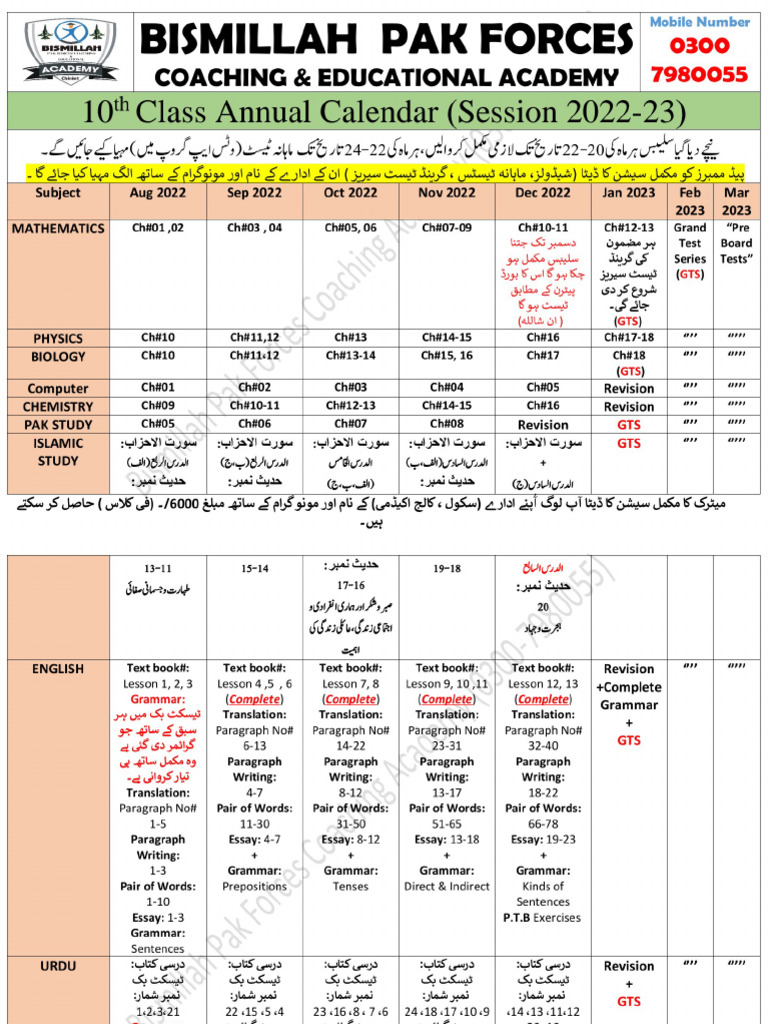 10th Calendar (Annual Plan 2022-23) by Bismillah Academy 0300-7980055 | PDF