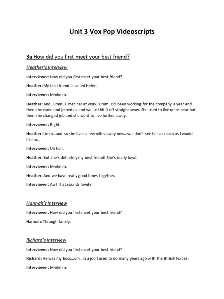 Unit 3 Vox Pop Videos Empower Workbook Video Script | PDF