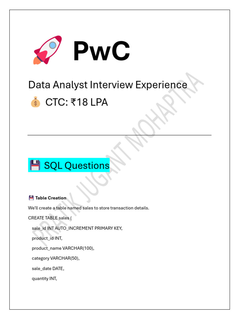 PWC Data Analyst Interview Questions | PDF | Database Index | Sql