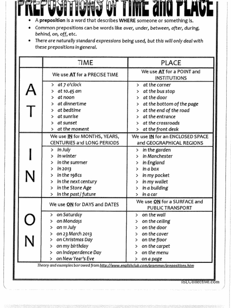 Prepositions o Time and Place | PDF