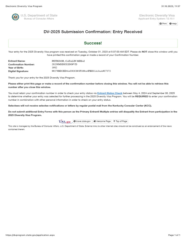 DV-2025 Diversity Visa Entry Confirmation | PDF | Travel Visa | Human ...