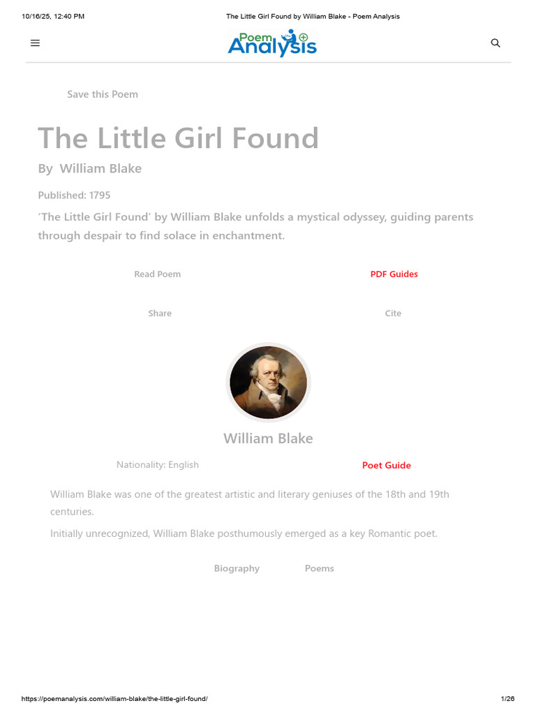Analysis of "The Little Girl Found" | PDF | Poetry | William Blake