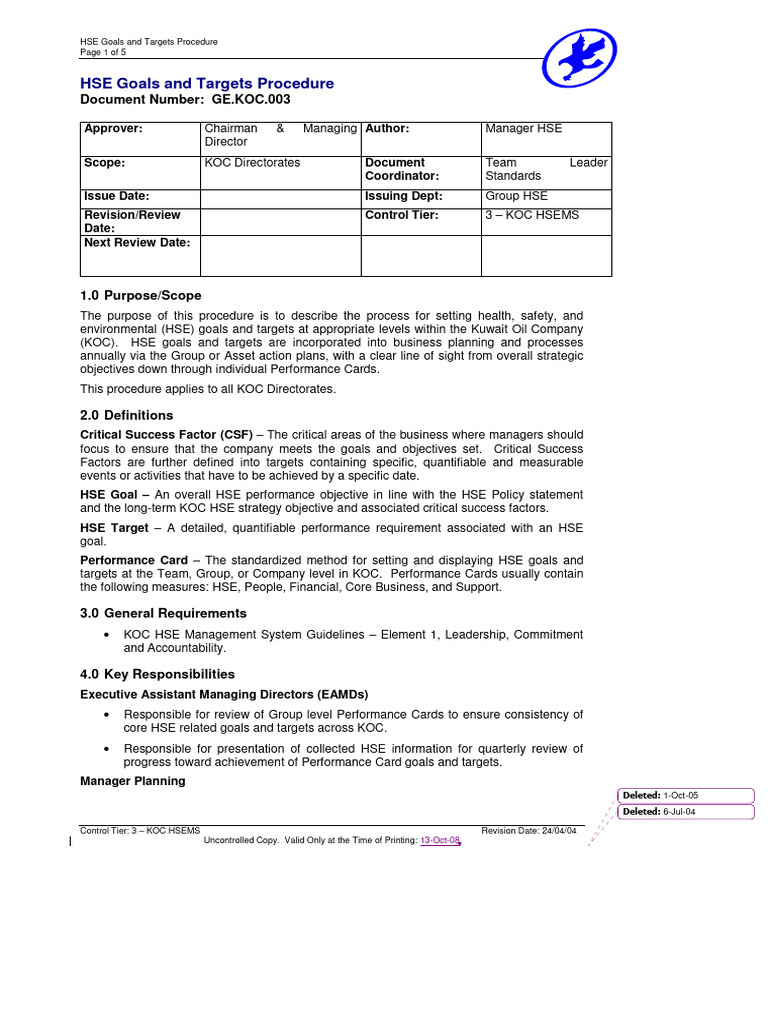 KOC HSE Goals and Targets Procedure | PDF | Goal | Business