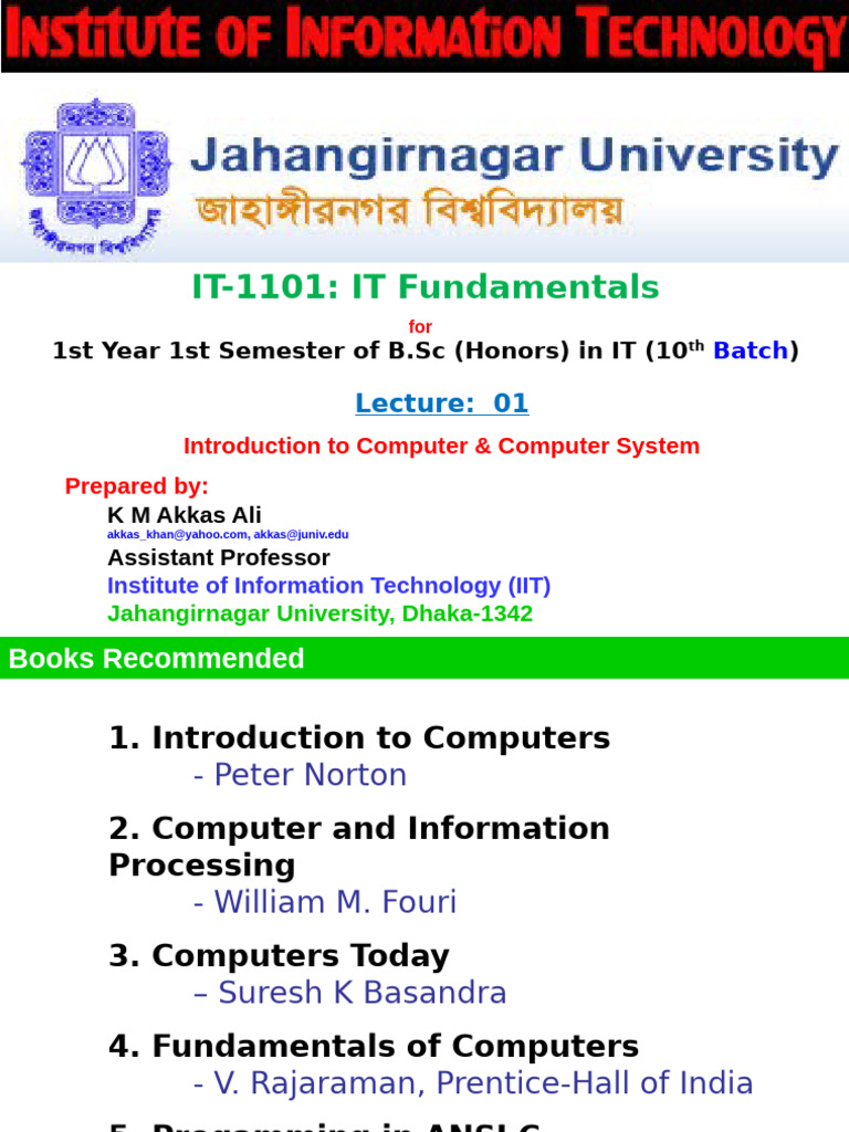 IT-1101 Lecture 01-Introduction To Computer & Computer System | PDF | Computer Hardware | Input ...