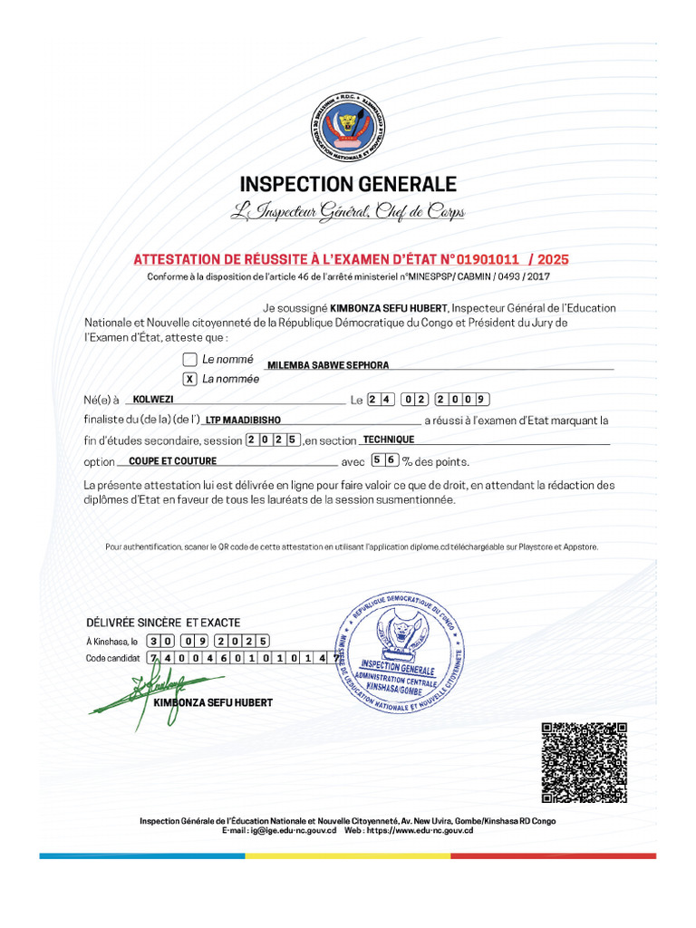 Attestation Milemba Sabwe Sephora | PDF