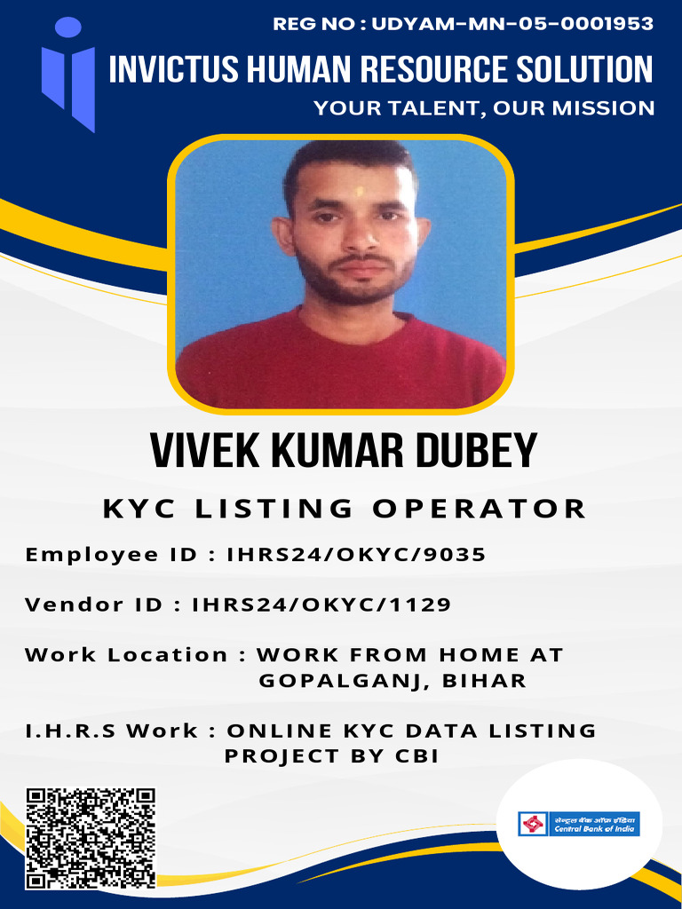 Vivek I'd Card Invictus Human Resources | PDF