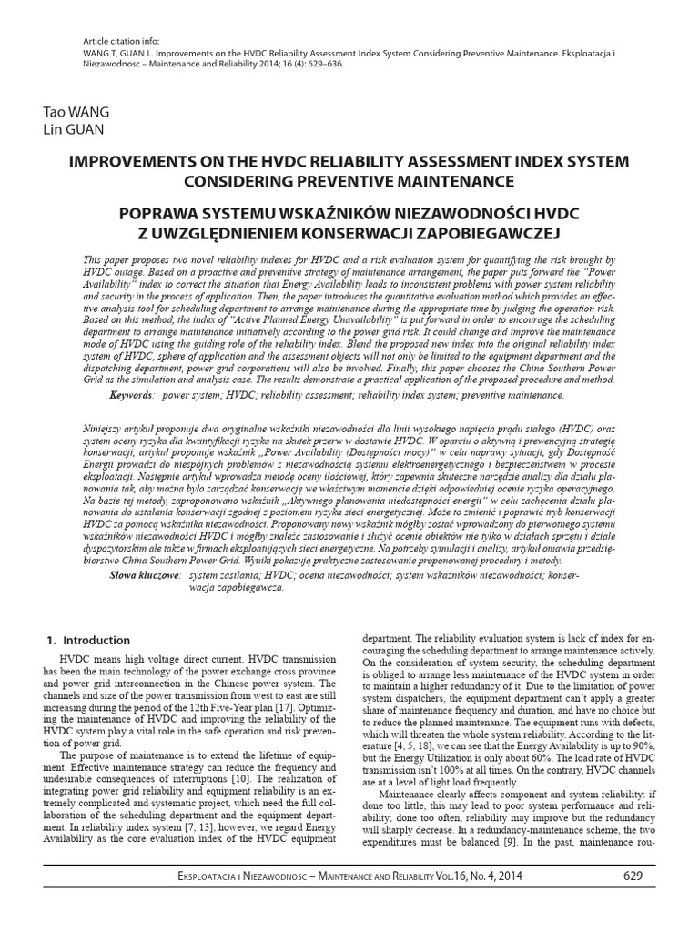 Improvements On The HVDC Reliabilit | PDF | Reliability Engineering ...