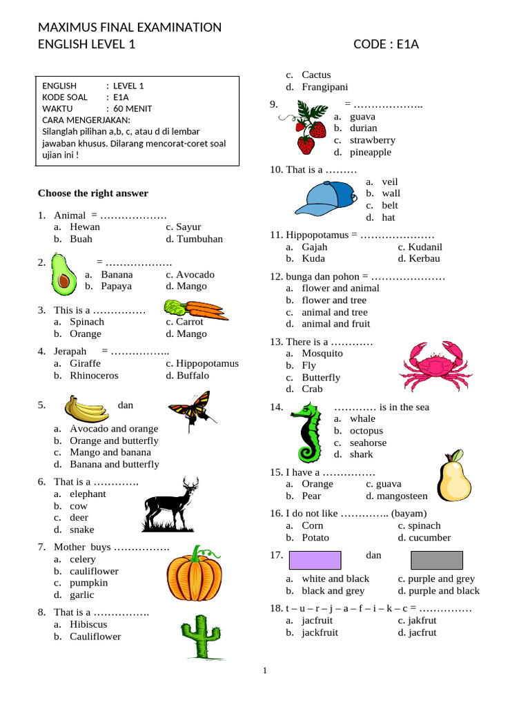 English Level 1 Final Exam E1A | PDF | Fruit | Vegan Cuisine
