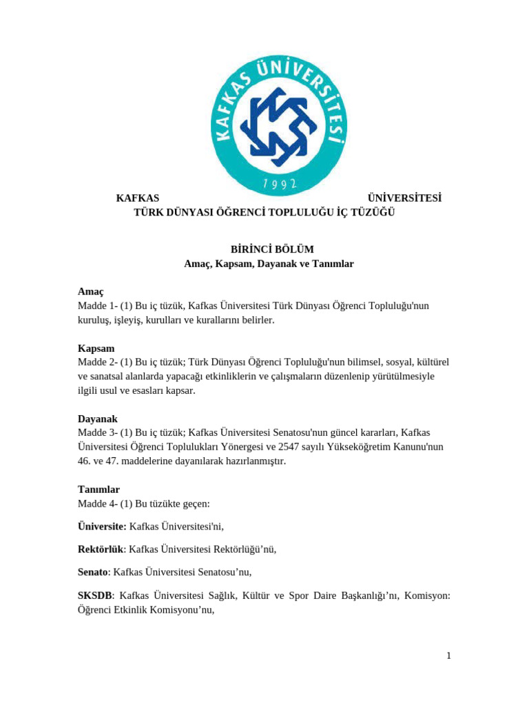 Kafkas Universitesi Turk Dunyasi Ogrenci Toplulugu Ic Tuzugu | PDF