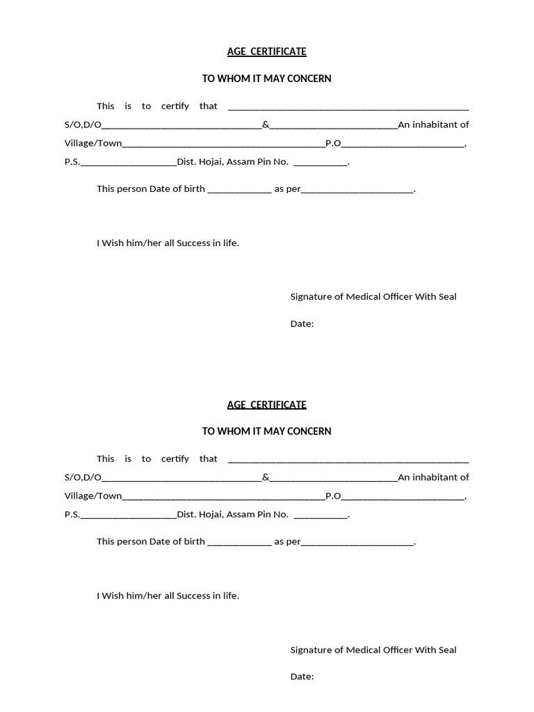 AGE CERTIFICATE Medical Date of Birth Proof Blank | PDF