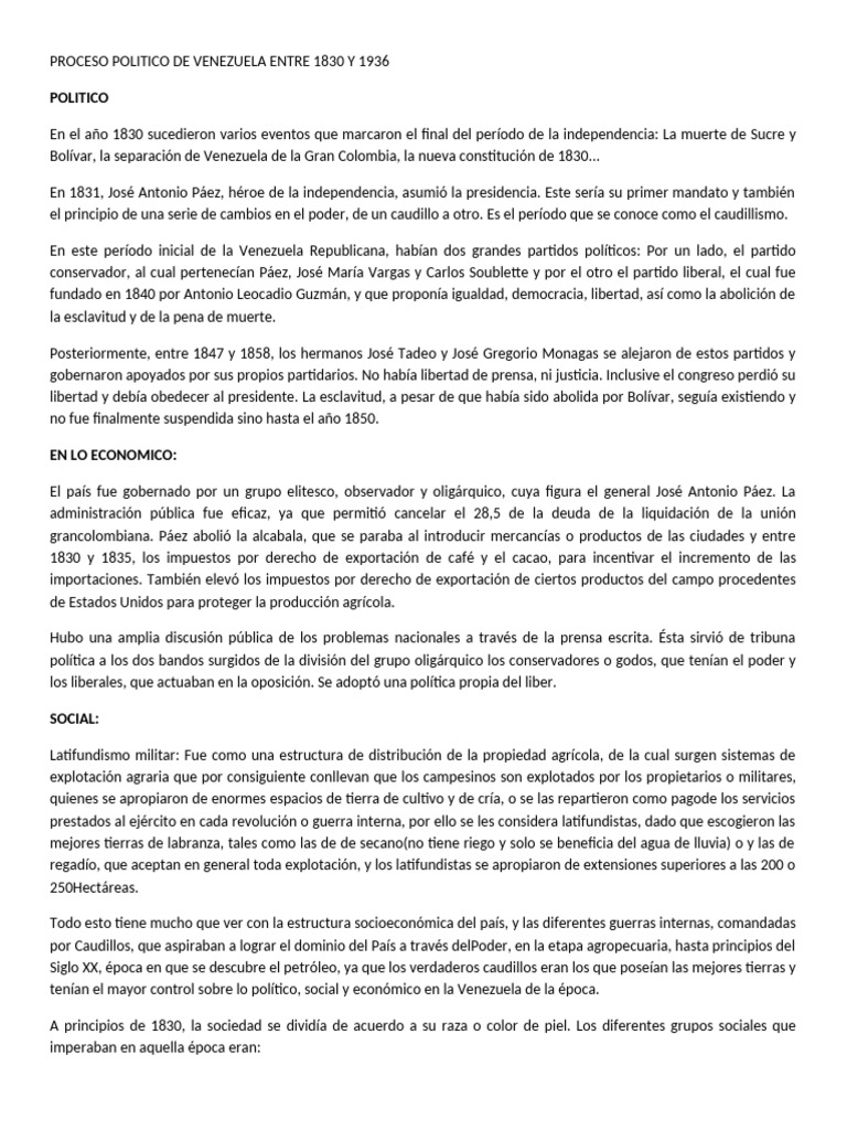 Proceso Político en Venezuela (1830-1936) | PDF | Venezuela